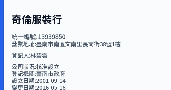 奇倫服裝行的照片-統編 13939850(臺南市) 公司登記資料與營業項目詳細圖表