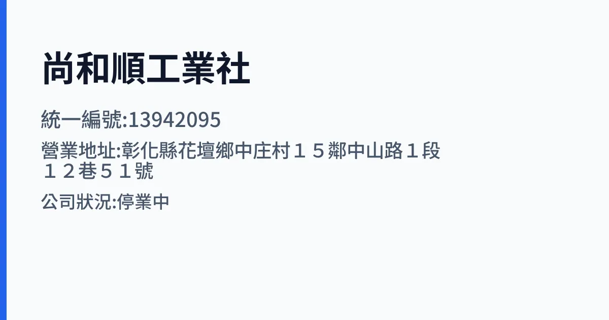 尚和順工業社 - 統編 13942095(彰化縣) 公司登記資料與營業項目詳細圖表