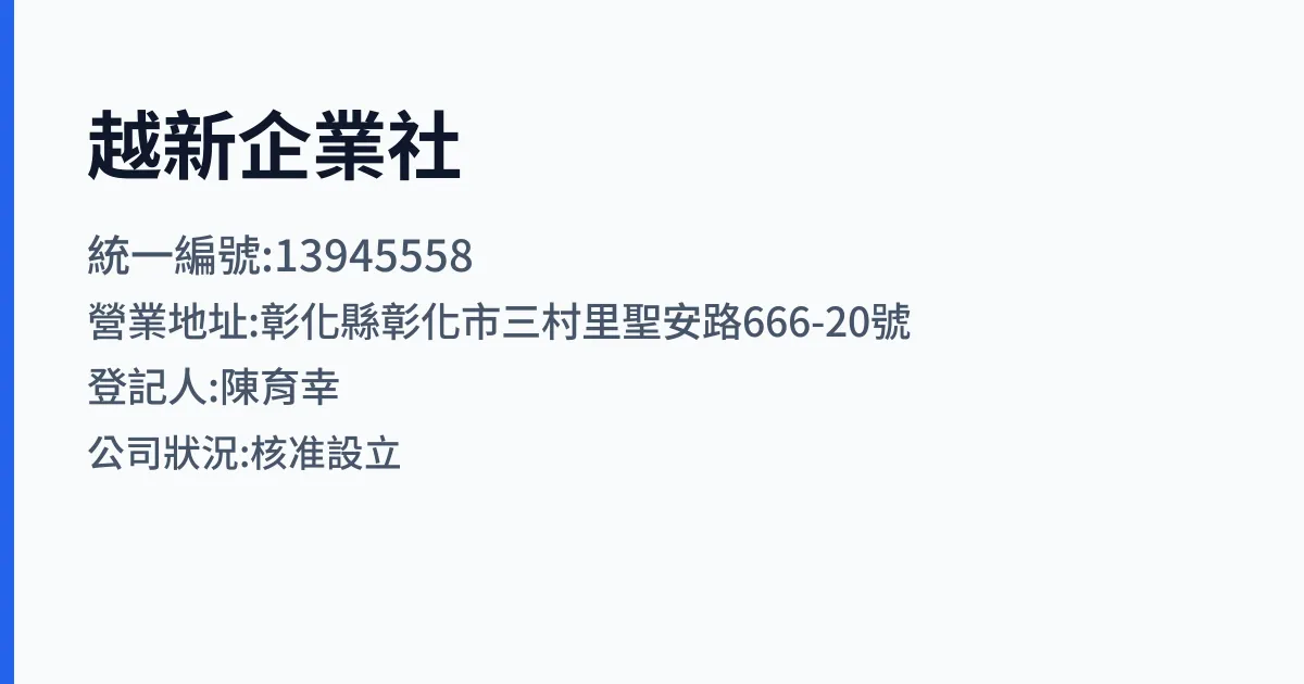 越新企業社 - 統編 13945558(彰化縣) 公司登記資料與營業項目詳細圖表