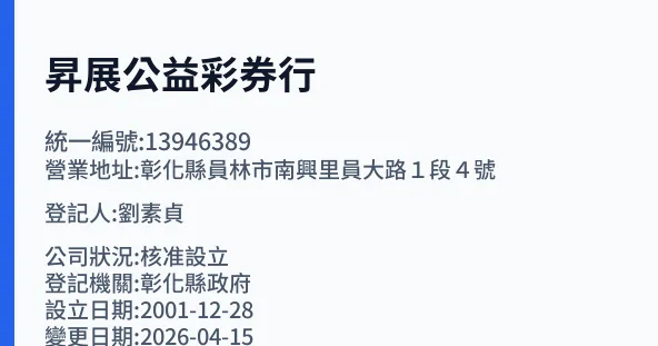 昇展公益彩券行的照片-統編 13946389(彰化縣) 公司登記資料與營業項目詳細圖表