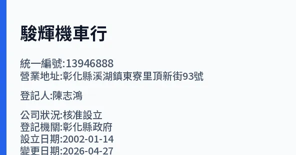 駿輝機車行的照片-統編 13946888(彰化縣) 公司登記資料與營業項目詳細圖表