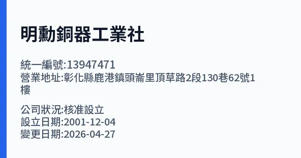 明勳銅器工業社的照片-統編 13947471(彰化縣) 公司登記資料與營業項目詳細圖表
