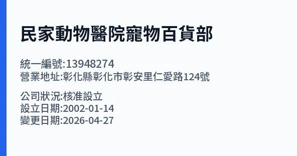 民家動物醫院寵物百貨部的照片-統編 13948274(彰化縣) 公司登記資料與營業項目詳細圖表