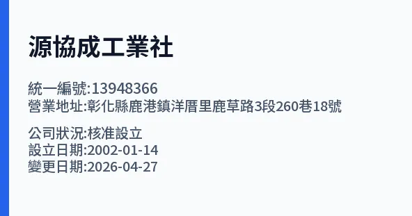 源協成工業社的照片-統編 13948366(彰化縣) 公司登記資料與營業項目詳細圖表