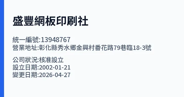 盛豐網板印刷社的照片-統編 13948767(彰化縣) 公司登記資料與營業項目詳細圖表