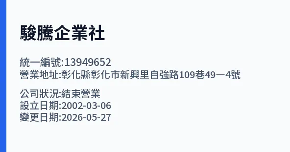 駿騰企業社的照片-統編 13949652(彰化縣) 公司登記資料與營業項目詳細圖表