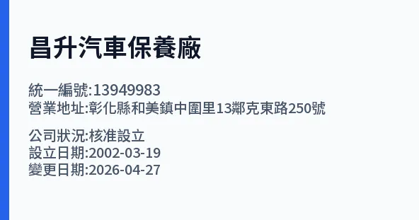 昌升汽車保養廠的照片-統編 13949983(彰化縣) 公司登記資料與營業項目詳細圖表