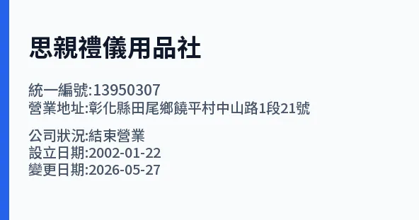 思親禮儀用品社的照片-統編 13950307(彰化縣) 公司登記資料與營業項目詳細圖表