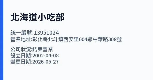 北海道小吃部的照片-統編 13951024(彰化縣) 公司登記資料與營業項目詳細圖表