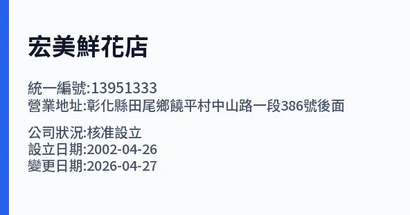宏美鮮花店的照片-統編 13951333(彰化縣) 公司登記資料與營業項目詳細圖表