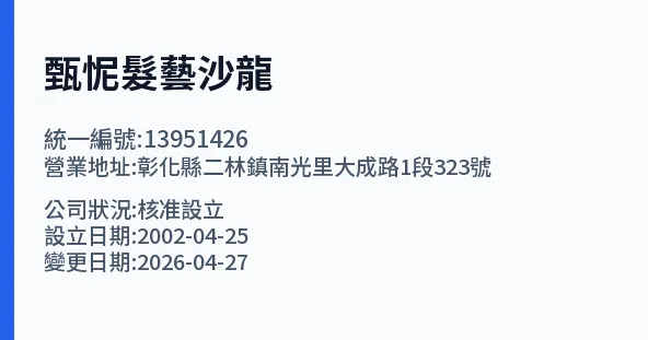 甄怩髮藝沙龍的照片-統編 13951426(彰化縣) 公司登記資料與營業項目詳細圖表