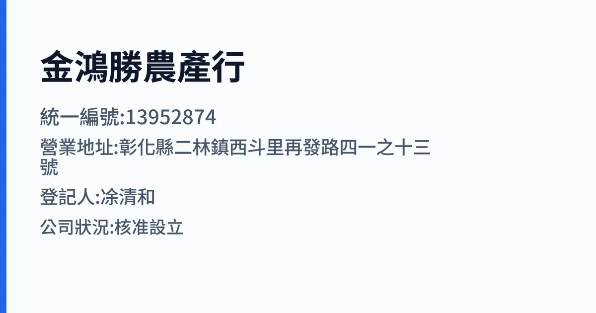 金鴻勝農產行 - 統編 13952874(彰化縣) 公司登記資料與營業項目詳細圖表