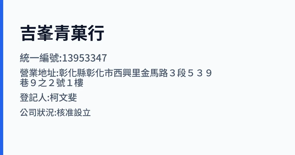 吉峯青菓行 - 統編 13953347(彰化縣) 公司登記資料與營業項目詳細圖表