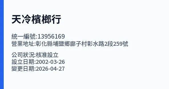 天冷檳榔行的照片-統編 13956169(彰化縣) 公司登記資料與營業項目詳細圖表