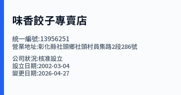 味香餃子專賣店的照片-統編 13956251(彰化縣) 公司登記資料與營業項目詳細圖表