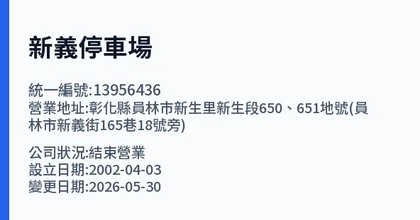 新義停車場的照片-統編 13956436(彰化縣) 公司登記資料與營業項目詳細圖表