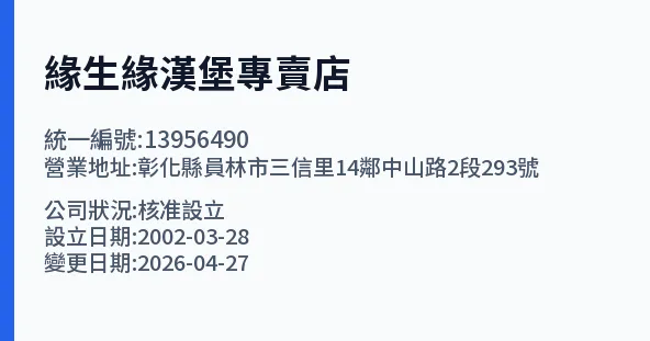 緣生緣漢堡專賣店的照片-統編 13956490(彰化縣) 公司登記資料與營業項目詳細圖表
