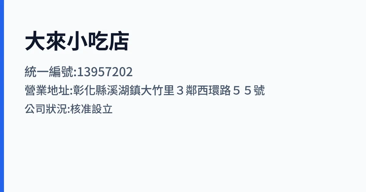 大來小吃店 - 統編 13957202(彰化縣) 公司登記資料與營業項目詳細圖表