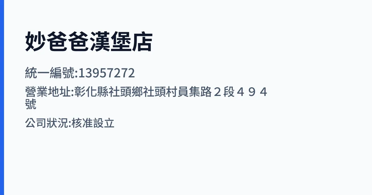 妙爸爸漢堡店 - 統編 13957272(彰化縣) 公司登記資料與營業項目詳細圖表