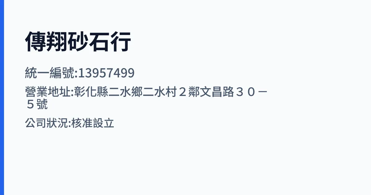 傳翔砂石行 - 統編 13957499(彰化縣) 公司登記資料與營業項目詳細圖表