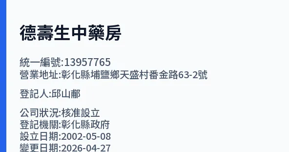 德壽生中藥房的照片-統編 13957765(彰化縣) 公司登記資料與營業項目詳細圖表