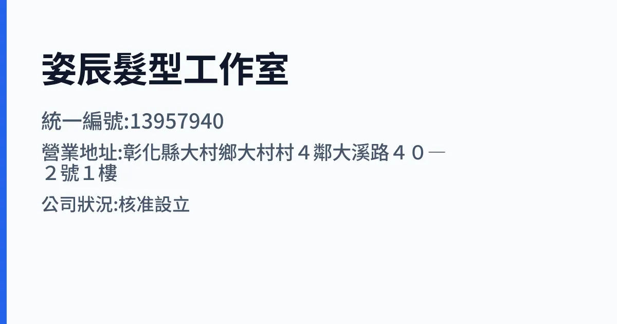 姿辰髮型工作室 - 統編 13957940(彰化縣) 公司登記資料與營業項目詳細圖表