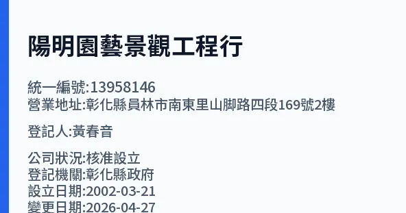 陽明園藝景觀工程行的照片-統編 13958146(彰化縣) 公司登記資料與營業項目詳細圖表