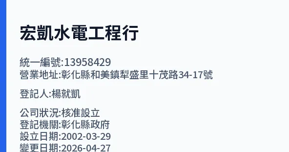 宏凱水電工程行的照片-統編 13958429(彰化縣) 公司登記資料與營業項目詳細圖表