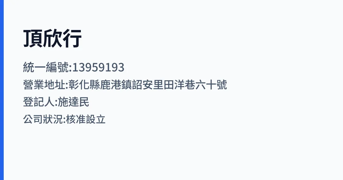 頂欣行 - 統編 13959193(彰化縣) 公司登記資料與營業項目詳細圖表