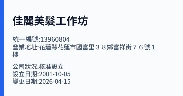 佳麗美髮工作坊的照片-統編 13960804(花蓮縣) 公司登記資料與營業項目詳細圖表