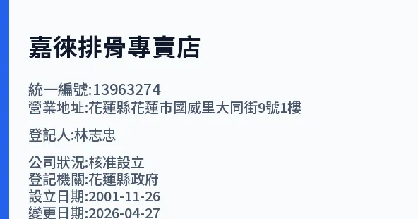 嘉徠排骨專賣店的照片-統編 13963274(花蓮縣) 公司登記資料與營業項目詳細圖表