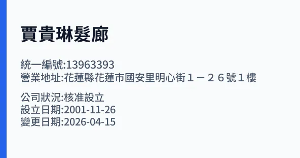 賈貴琳髮廊的照片-統編 13963393(花蓮縣) 公司登記資料與營業項目詳細圖表