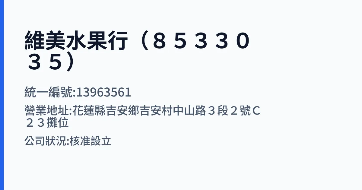 維美水果行（８５３３０３５） - 統編 13963561(花蓮縣) 公司登記資料與營業項目詳細圖表