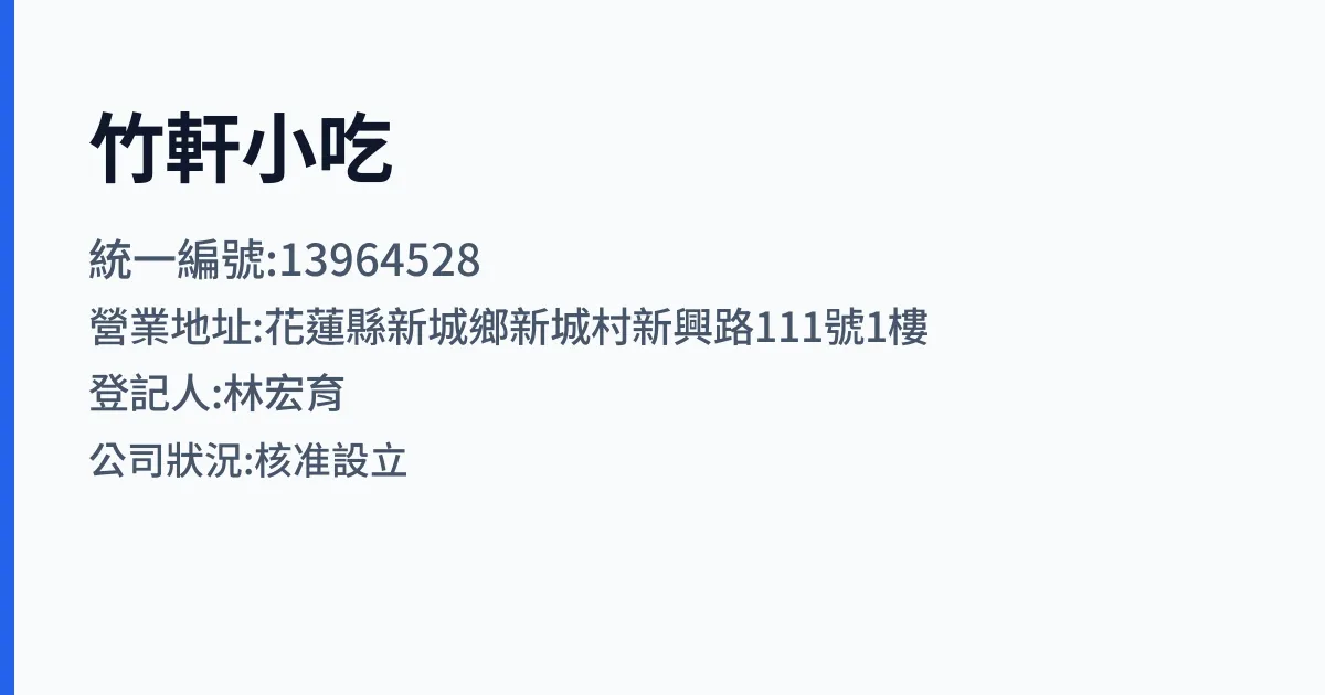 竹軒小吃 - 統編 13964528(花蓮縣) 公司登記資料與營業項目詳細圖表