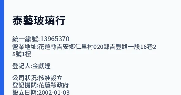 泰藝玻璃行的照片-統編 13965370(花蓮縣) 公司登記資料與營業項目詳細圖表