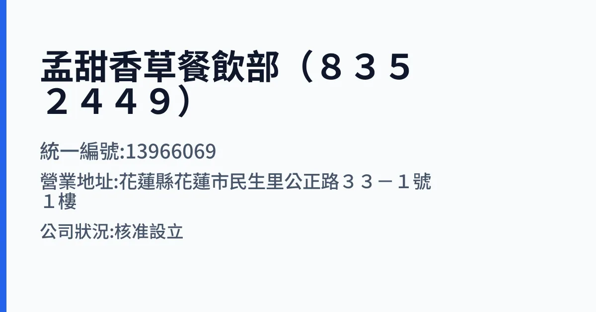 孟甜香草餐飲部（８３５２４４９） - 統編 13966069(花蓮縣) 公司登記資料與營業項目詳細圖表