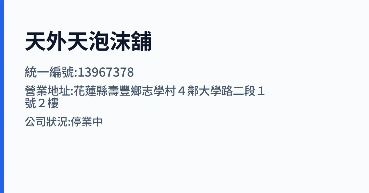 天外天泡沫舖 - 統編 13967378(花蓮縣) 公司登記資料與營業項目詳細圖表