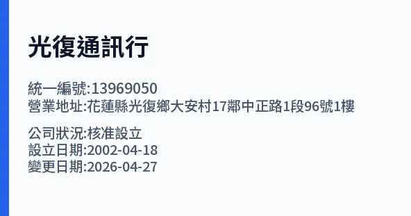 光復通訊行的照片-統編 13969050(花蓮縣) 公司登記資料與營業項目詳細圖表