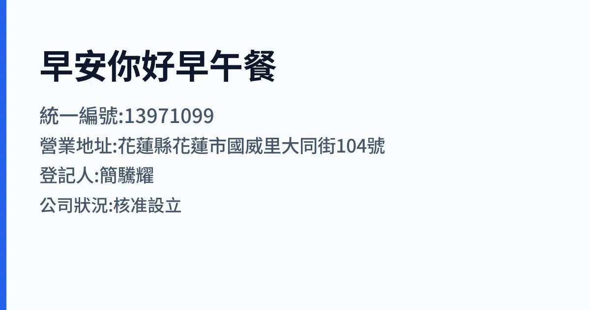 早安你好早午餐 - 統編 13971099(花蓮縣) 公司登記資料與營業項目詳細圖表