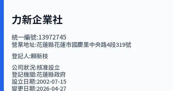 力新企業社的照片-統編 13972745(花蓮縣) 公司登記資料與營業項目詳細圖表