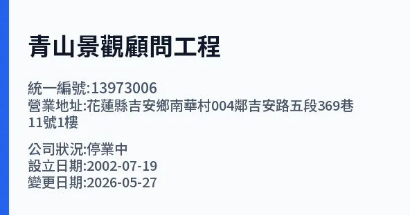 青山景觀顧問工程的照片-統編 13973006(花蓮縣) 公司登記資料與營業項目詳細圖表