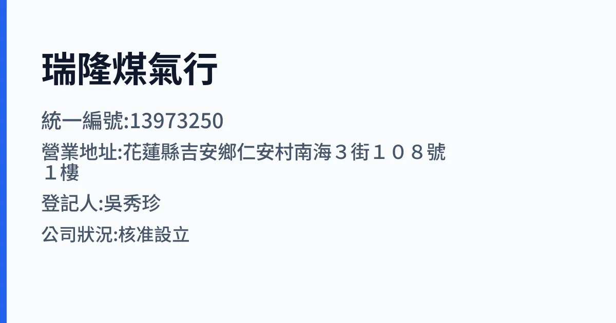 瑞隆煤氣行 - 統編 13973250(花蓮縣) 公司登記資料與營業項目詳細圖表
