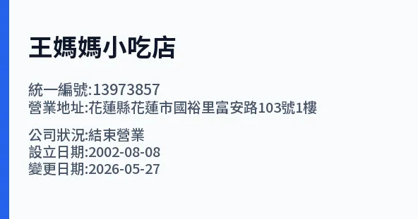 王媽媽小吃店的照片-統編 13973857(花蓮縣) 公司登記資料與營業項目詳細圖表