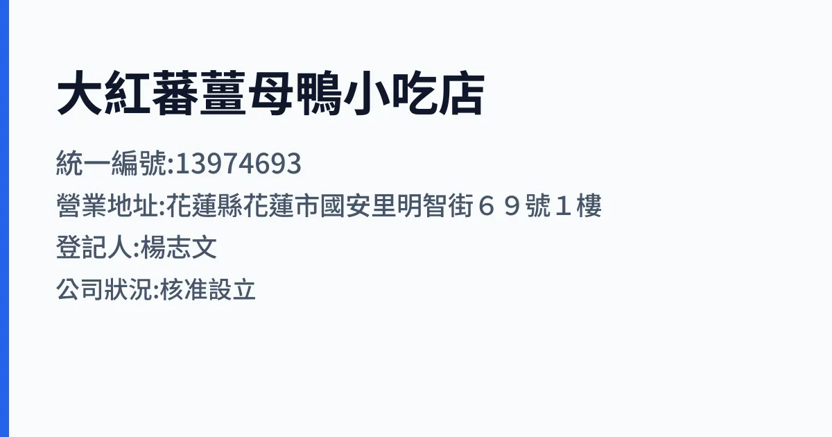 大紅蕃薑母鴨小吃店 - 統編 13974693(花蓮縣) 公司登記資料與營業項目詳細圖表