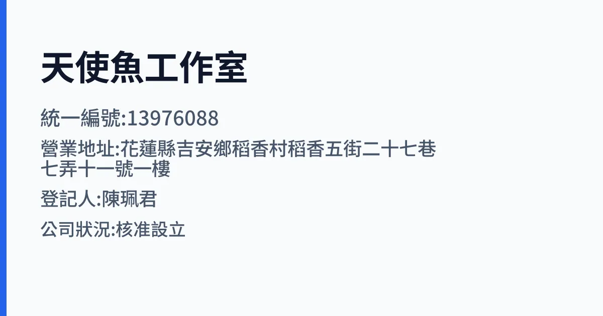 天使魚工作室 - 統編 13976088(花蓮縣) 公司登記資料與營業項目詳細圖表