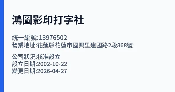 鴻圖影印打字社的照片-統編 13976502(花蓮縣) 公司登記資料與營業項目詳細圖表