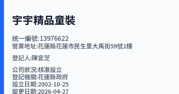 宇宇精品童裝的照片-統編 13976622(花蓮縣) 公司登記資料與營業項目詳細圖表