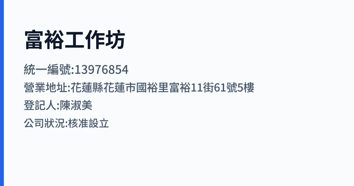 富裕工作坊 - 統編 13976854(花蓮縣) 公司登記資料與營業項目詳細圖表