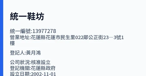 統一鞋坊的照片-統編 13977278(花蓮縣) 公司登記資料與營業項目詳細圖表
