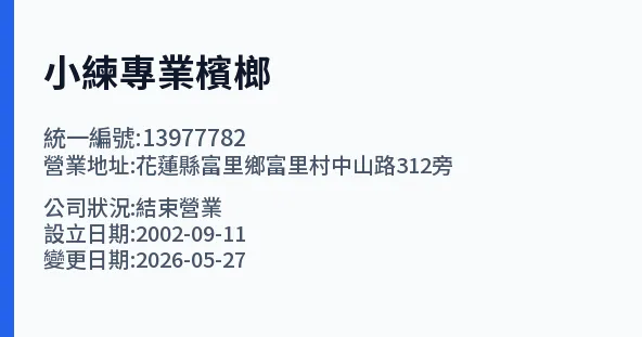 小練專業檳榔的照片-統編 13977782(花蓮縣) 公司登記資料與營業項目詳細圖表